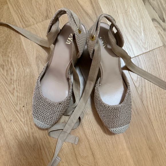 Zara | Shoes | Zara Tan Espadrille Wedges With Ankle Ties | Poshmark